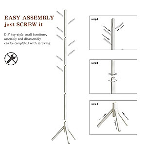 Aibiju Coat Rack Stand, Standing White Coat Rack with 8 Hooks and 3 Height Options, Small Hall Tree Coat Rack, Coat Tree Freestanding Suitable for Kids, Easy to Assemble White YD-1005