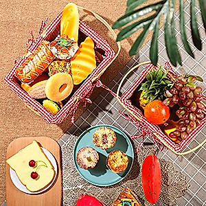 2 Pieces Different Sizes Picnic Baskets Natural Woven Basket with Double Folding Handles, Woodchip Basket Easter Basket for Easter Egg Candy Halloween Children's Toy Storage (Red and White)