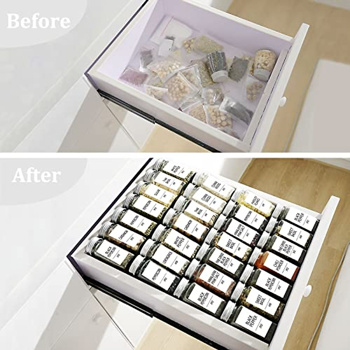 Churboro Spice Drawer Organizer with 36 Spice Jars, 3 Types of Spice Labels, Funnel, Chalk Pen- 4 Tiers Spice Rack Organizer Insert for Kitchen Drawer, Drawer Seasoning Rack, Large