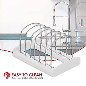 Home Basics Lid and Pan Adjustable Organizer, White | 6 Slots with Divider | Strong & Sturdy Metal Wires with Plastic Base