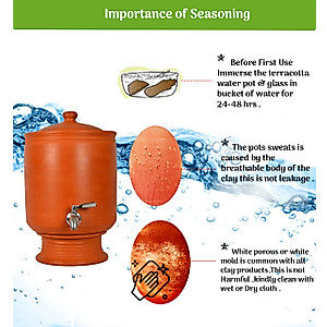 Village Decor Handmade Earthen Clay water pot | Water Dispenser Includes Clay Lid, Glass and Stand, Wooden Coaster and Stainless Steel Faucet. Capacity 7000 ml 236 oz.