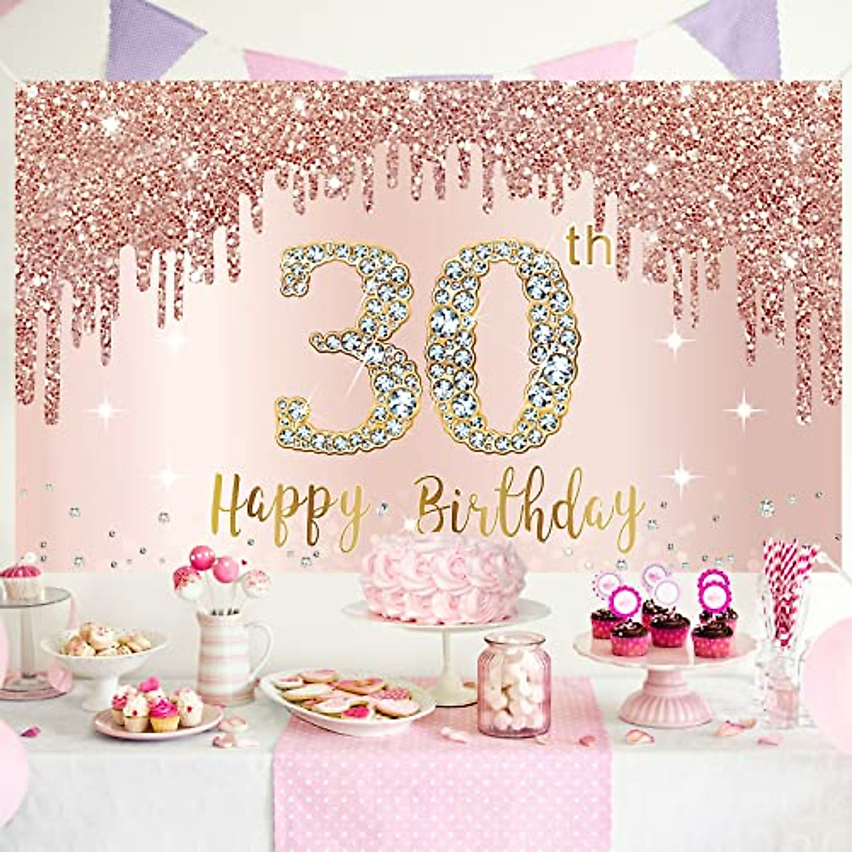 Happy 30th Birthday Banner Backdrop Decorations for Women, Rose Gold Thirty Birthday Party Sign Supplies, Pink 30 Birthday Poster Background Photo Booth Props Decor