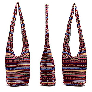LingTang Women Hippie Shoulder Bags Large Purses Ethnic Tote Handbag Travel Bag (Red)