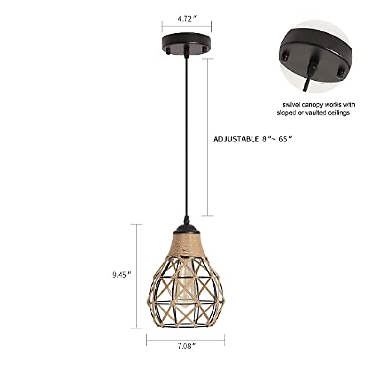 Rustic Industrial Woven Pendant Light, One-Light Adjustable Metal Hemp Rope Mini Pendant Lighting Fixture for Kitchen Island Cafe Bar Farmhouse, Black
