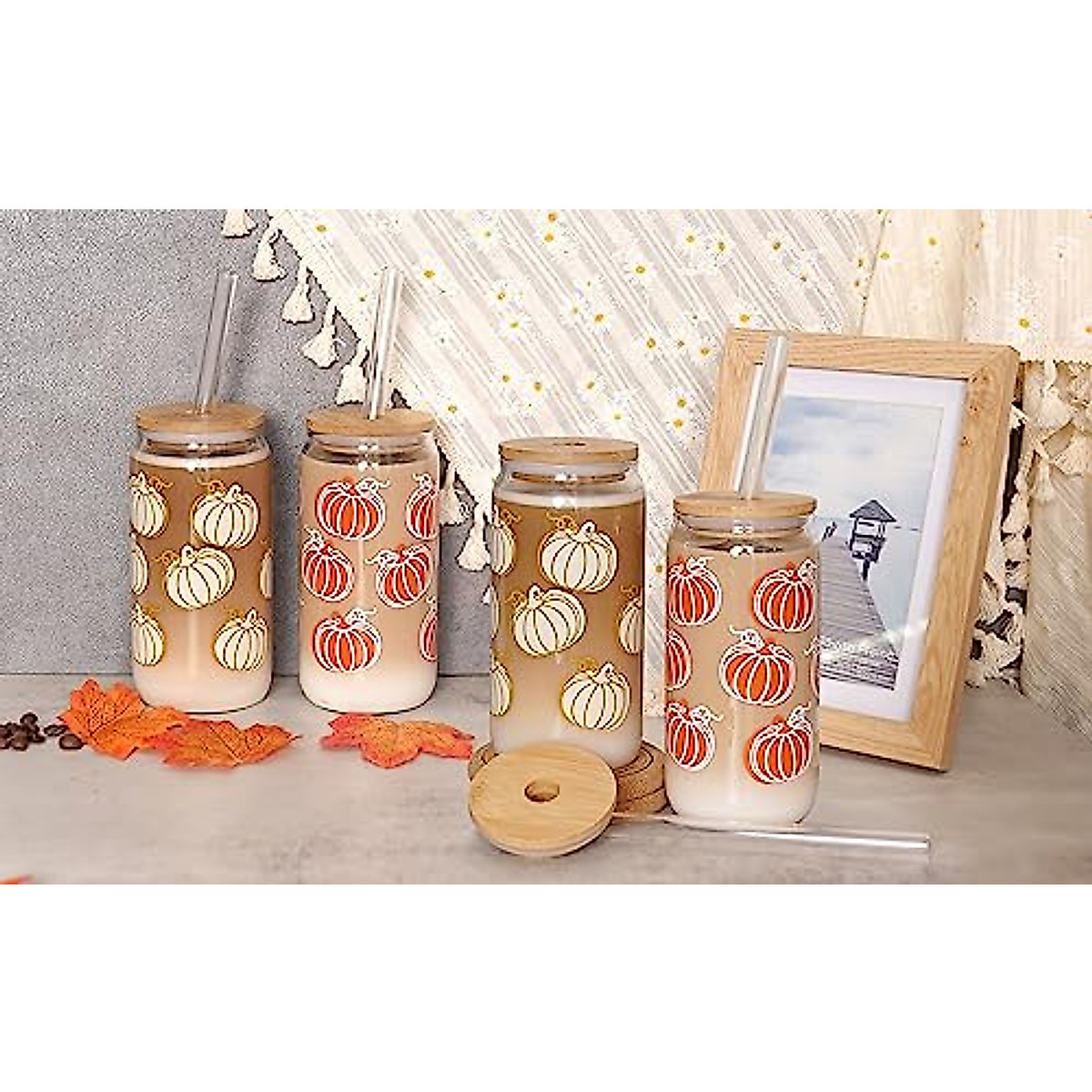 Fall Coffee Mug - Unique Autumn Decor & Iced Coffee Cup Fall Decor Pumpkin Mug with Pumpkin Decorations Thanksgiving Fall Wedding Tumbler Can Shaped Fall Cups with Bamboo Lid Glass Straw - 18oz
