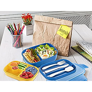 Stackable Bento Box Adult Lunch box- Leakproof Bento Box Lunch Containers for Adult, 64-oz Lunch Box with Utensil Set and Dressing Container, 5 Compartments Large Capacity -Blue Yellow