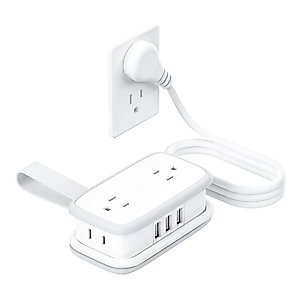 Travel Power Strip with USB Ports, NTONPOWER 4 Outlets 3 USB with 4FT Wrapped Short Extension Cord Flat Plug, USB Portable Desktop Charging Station, Compact for Hotel Travel Cruise Essentials, White