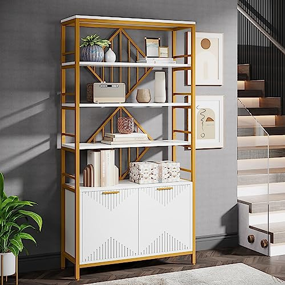 Tribesigns Modern Bookshelves and Bookcases with Doors 11.8in Depth Floor Standing 5 Shelf Display Storage Shelves Bookcase Home Decor Furniture for Home, Office, Living Room, Bedroom