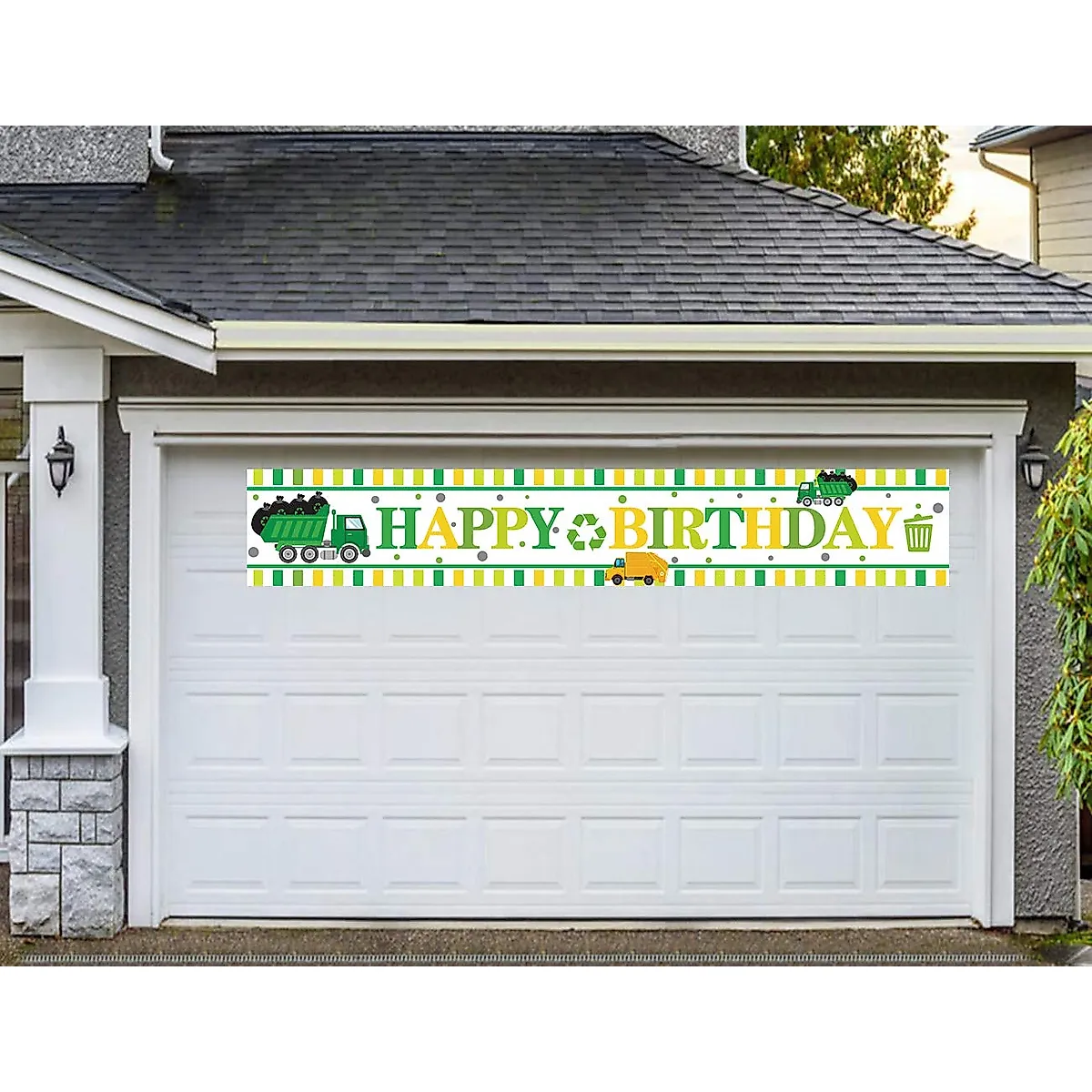 Large Garbage Truck Birthday Banner Trash Trucks Birthday Sign Banner Waste Management Recycling Bin Party Supplies Decoration, Outdoor Indoor (9.8 x 1.6 feet)