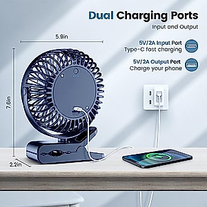 ANKACEPERSONAL 10000mAh Portable Fan Rechargeable, Battery Operated Desk Clip on with LED Light, 3 Modes 360 Rotation Personal USB Small for Outdoor Camping Golf Cart Indoor Gym Treadmill Office,Blue