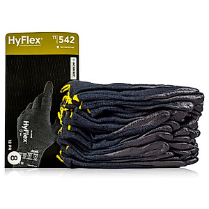 HyFlex 11-542 Cut/Heat-Resistant Kevlar Mechanical Work Gloves w/Nitrile Palm for Machinery, EMS, Automotive - Size 9, Black (12 Pairs)