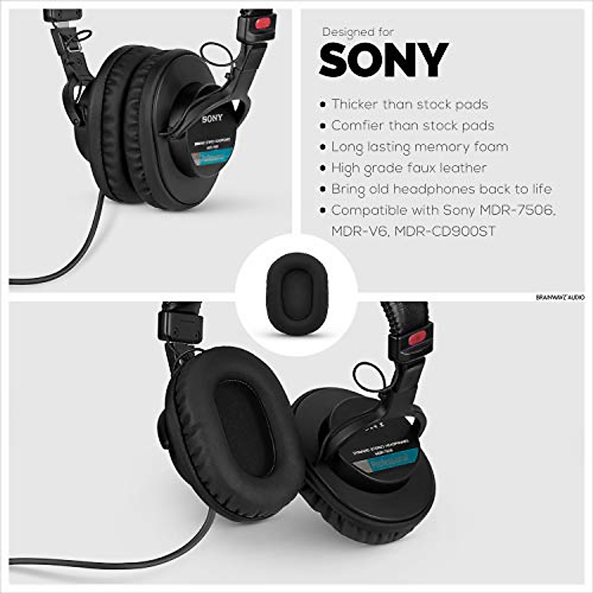 Brainwavz Replacement Earpads for Sony MDR 7506 Headphones - Quality Vegan Leather, Memory Foam Comfort, Long Lasting & Durable, Also Works with Headphones Like Steelseries Arctis, ATH-M50X & More