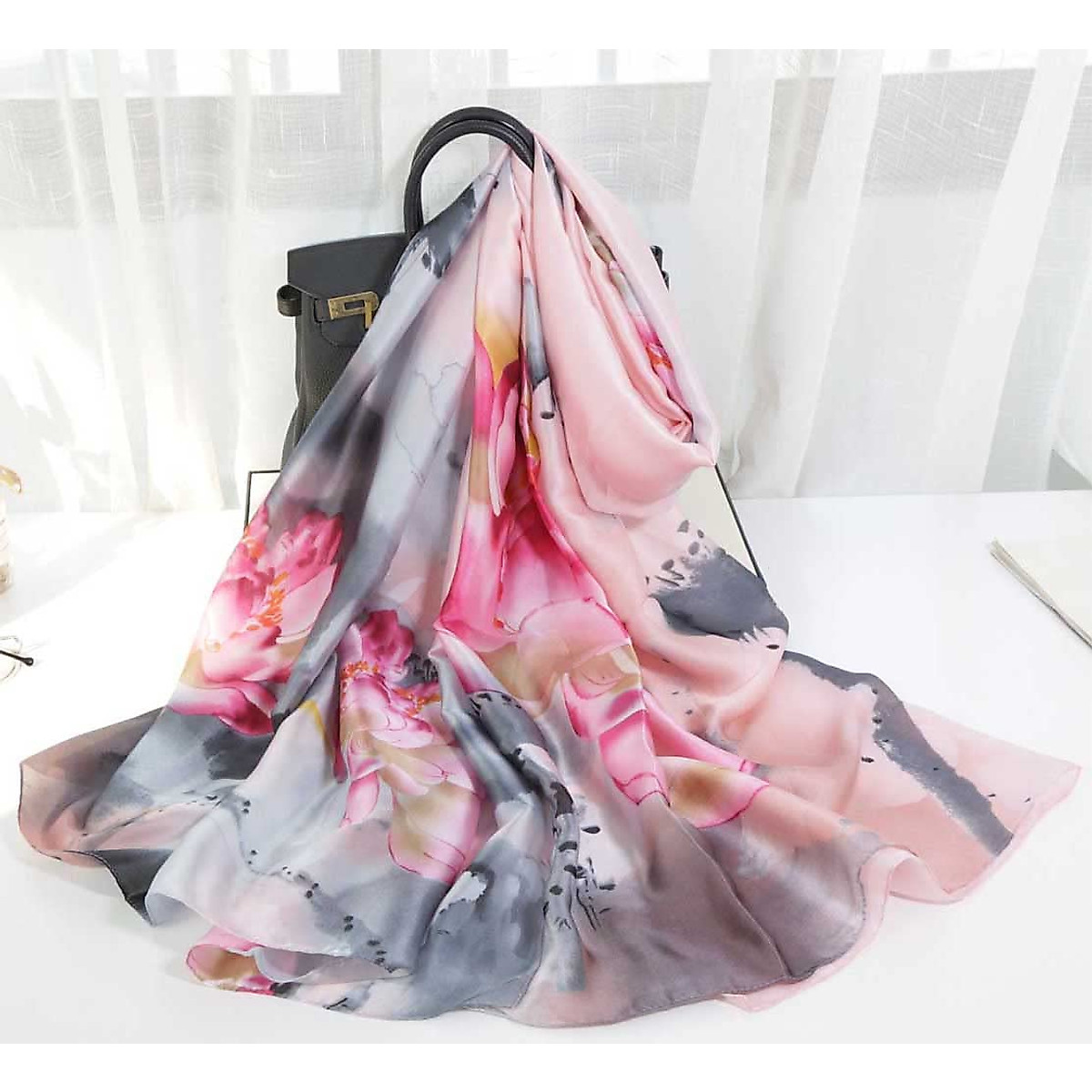 Scarfs for Women Lightweight Print Floral Pattern Scarf Shawl Fashion Scarves Sunscreen Shawls, Ink Lotus&pink, 160*50CM