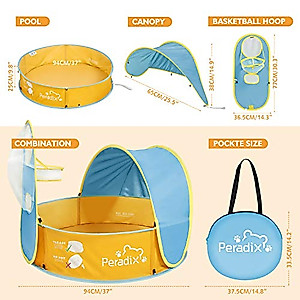 Peradix Paddling Pool for Kids & Pets, Kids Ball Pit Tent 3 in 1, Pop Up Wading Pool Tent with UV Protection Sunshade Canopy Basketball Hoop, Portable Beach Backyard Toys for Indoor Outdoor Activity