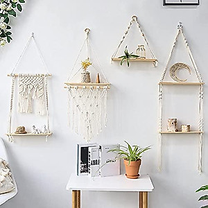 YuPinDiZu Macrame Wall Hanging Shelf | Boho Shelves with Wood Shelf | 2 Pcs Handmade Macrame Shelf for Hanging Plants and Decor | Boho Wall Decor with Beautiful Macrame Rope and Shelf (Beige)