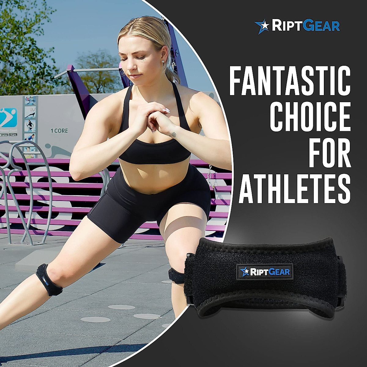 RiptGear Patella Tendon Support Strap - Adjustable Patella Knee Strap - Patellar Stabilizing Knee Compression Strap for Knee Pain - Tendon Strap for Jumpers Knee, Running and Sports (Black (1 Pack))