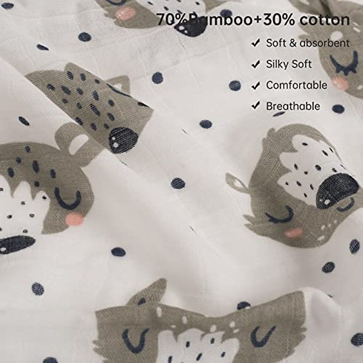 Viviland Muslin Baby Swaddle Blankets, Bamboo Cotton Soft Nursery Swaddle for Newborn Boys and Girls, Gender Neutral Receiving Blankets for Infants, Raccoon & Fox Pattern, 47 * 47 inches 4 Pack