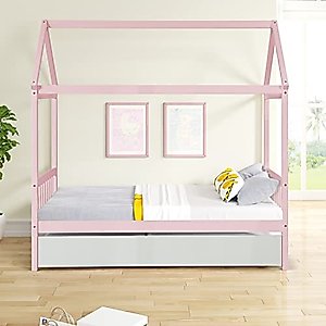 EMKK Twin Bed with Trundle,Kids House Bed Frame Twin Size with Trundle, Wooden Daybed for Boys Girls, can be Decorated, Pink