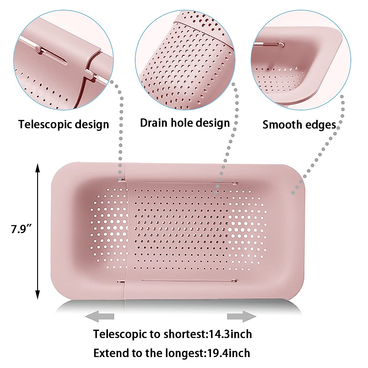 Collapsible Sink Colanders and Strainers Basket Over the Sink Colander Collapsible Colander Extendable Plastic Fruit Vegetable Strainer Drainer Basket for Kitchen(Length 14.3 inch-19.4 inch) (Pink)