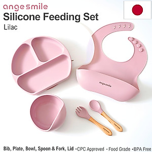 Baby Feeding Essentials Silicone Ange Smile 12 Set Bib, Baby Bowl, Suction Plate, Spoon, Fork Eating Utensils for 6+ Months Kids Toddler Kawaii Pink Peach
