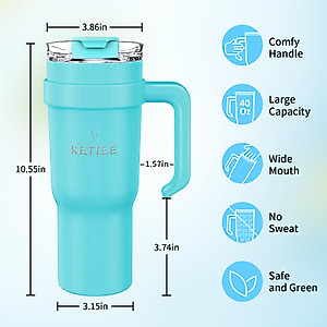 KETIEE 40 oz Tumbler with Handle Straw Lid and Carrier Bag, Leak-proof Stainless Steel Vacuum Insulated Travel Mug, Reusable Water Jug, Car Coffee Cups with Sleeve, Keeps Cold or Hot, Dishwasher Safe
