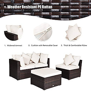 HAPPYGRILL 4-Pieces Patio Furniture Set Rattan Wicker Conversation Set with Ottoman Outdoor Sectional Sofa Set with Cushion & Pillow for Garden Lawn Balcony Backyard