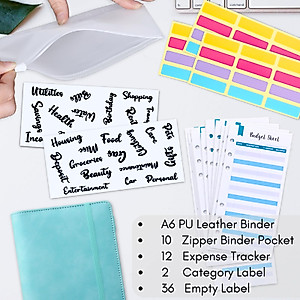 LINTRU Budget Binder with Zipper Envelopes, Money Organizer for Cash, A6 Binder with 10pcs Cash Envelopes for Budgeting, 12pcs Budget Sheets and 36pcs Stickers for Savings Binder (Ice Green)