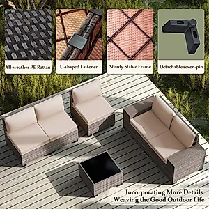 RTDTD Outdoor Patio Furniture Set, 6 Pieces Outdoor Furniture All Weather Patio Sectional Sofa PE Wicker Modular Conversation Sets with Coffee Table,5 Chairs & Seat Clips(Brown)