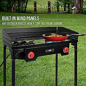 Hike Crew Cast Iron Double-Burner Outdoor Gas Stove | 150,000 BTU Portable Propane Cooktop w/Blue Flame Control, Removable Legs, Temperature Control Knobs, Wind Panel, Hose, Regulator & Storage Case