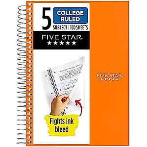 Five Star Small Spiral Notebook, 5 Subject, College Ruled Paper, 180 Sheets, 9-1/2" x 6", Color Will Vary, 1 Count (06184)