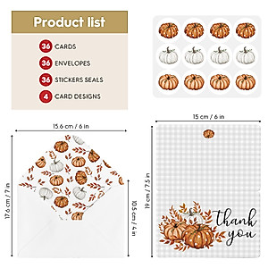 Artoid Mode 36 Pack Leaves Pumpkin Thank You Cards Fall Greeting Cards Gift With Envelope Sticker Blank Note Cards for Birthday Wedding Baby Shower Bridal Shower, 4 x 6 Inch