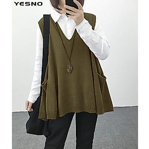 YESNO Sweater Vest Women Loose Swing Cotton Cute Oversized Knit Pullover Sleeveless Sweater Tops with Drop Pockets 3XL WM9 Olive