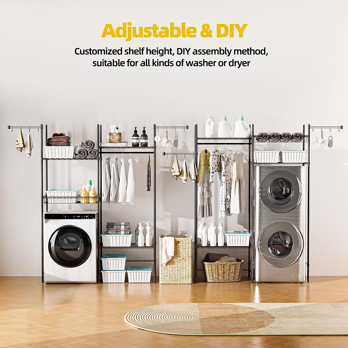 UEAKPIC Over Washer and Dryer Shelves, Laundry Room Space Saver Deepening Bathroom Storage and Organizer Storage for Hanging Towels or Drying Clothes, 57.68”W X 17.32”D X 77”H, Black