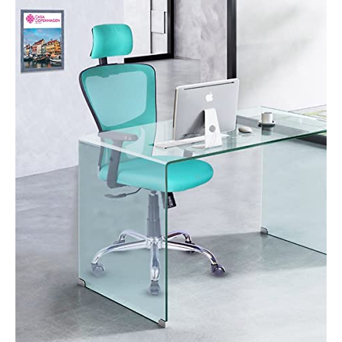 Casa Copenhagen California Chair with Adjustable Lumbar Support, High-Back Mesh Computer Chair - Headrest, Soft Sponge Cushion, Swivel Desk Task Chair for Work or Home - Teal