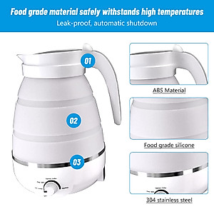 600ml Travel Electric Kettle, Portable Travel Foldable Electric Kettle Home Collapsible 5 Different Temperature Silicone Water Boiler and Tea Pot for Camping (White)