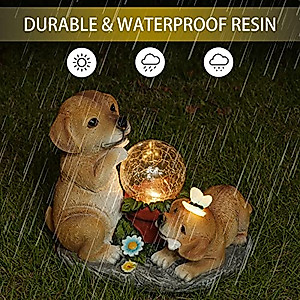 Garden Dog Statues with Solar Lights for Outdoor Garden Decor, Resin Garden Sculptures & Figurines for Patio, Balcony, Yard, Lawn Ornament, Housewarming Garden Gift