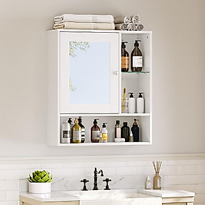 HOOBRO Medicine Cabinet with Mirror, Bathroom Wall Mounted Cabinet with Hidden Space and 2 Adjustable Shelves, Single Mirrored Door, for Bathroom, Bedroom, Living Room, Kitchen, White WT55CW01