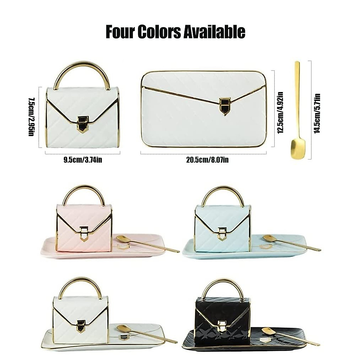 Vamotto Exquisite Hand bag Coffee Mugs for Mom Women, Cute Ceramic Handbag Coffee Cup Latte Cup Travel Mug Tea Cup with Saucer & Spoon for Remarkable Women (White)