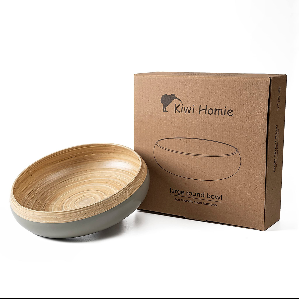 Kiwi Homie 11.81" Spun Bamboo Fruit Bowl, Bamboo Salad Bowl, Modern Large Serving Bowl, Decorative Bowl for Kitchen, Party, BBQs, Natural Handicrafted Bamboo Bowl (Grey)