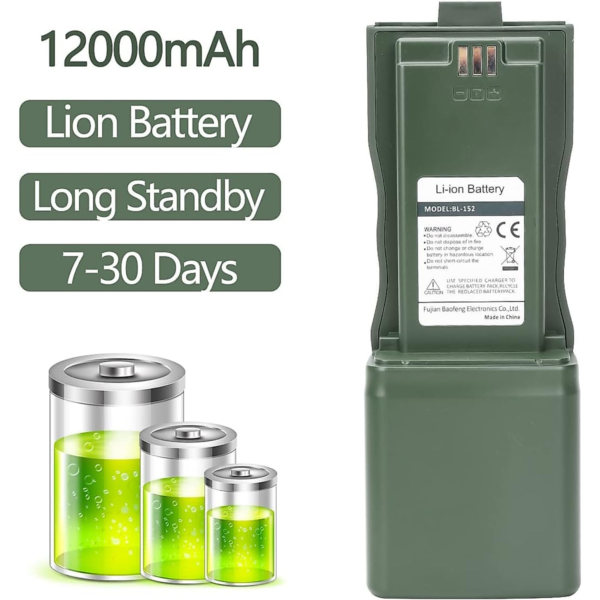 Baofeng AR-152 Original Battery BL-152 Li-ion Extend Battery Large Capacity Compatible with AR-152 Tactical Walkie Talkie Support USB Charger(2Pack,Green)