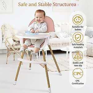 Baby High Chair, 3 in 1 High Chair for Toddlers, Convertible Infant Highchair with Removable Tray & Safety Harness, Adjustable Legs, Made of Sleek Hardwood & Premium Leatherette(Pink)