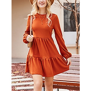CUPSHE Women's Knitted Dresses Casual Long Sleeve Crew Neck Flowy Tiered Burnt Orange