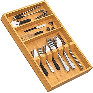 Yofidra Pure Bamboo Silverware Drawer Organizer: 16.5 Inch Large Silverware Utensil Tray Holder, 3-Compartment with 6 Card Slots Kitchen Flatware Organizer for Spoons Forks Knives, 2024 New Upgrade