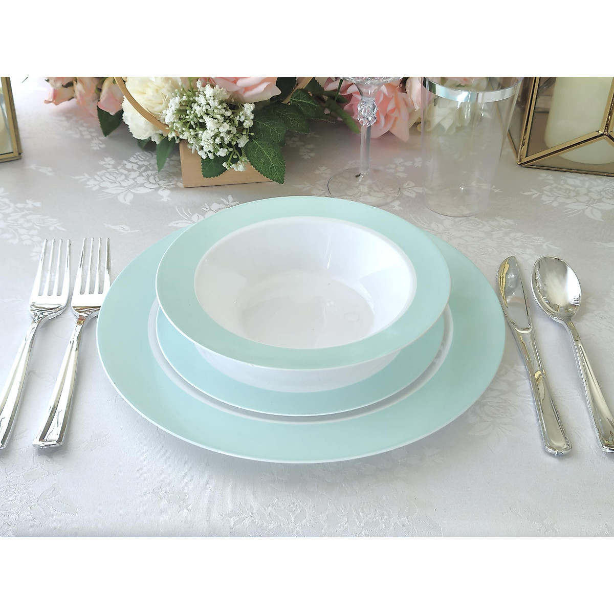 " OCCASIONS " 50 Plates Pack (25 Guests)-Wedding Party Disposable Plastic Plate Set -25x10.5'' Dinner + 25x7.5'' Salad/dessert plates (Rio, White & Pearled Turquoise Blue)