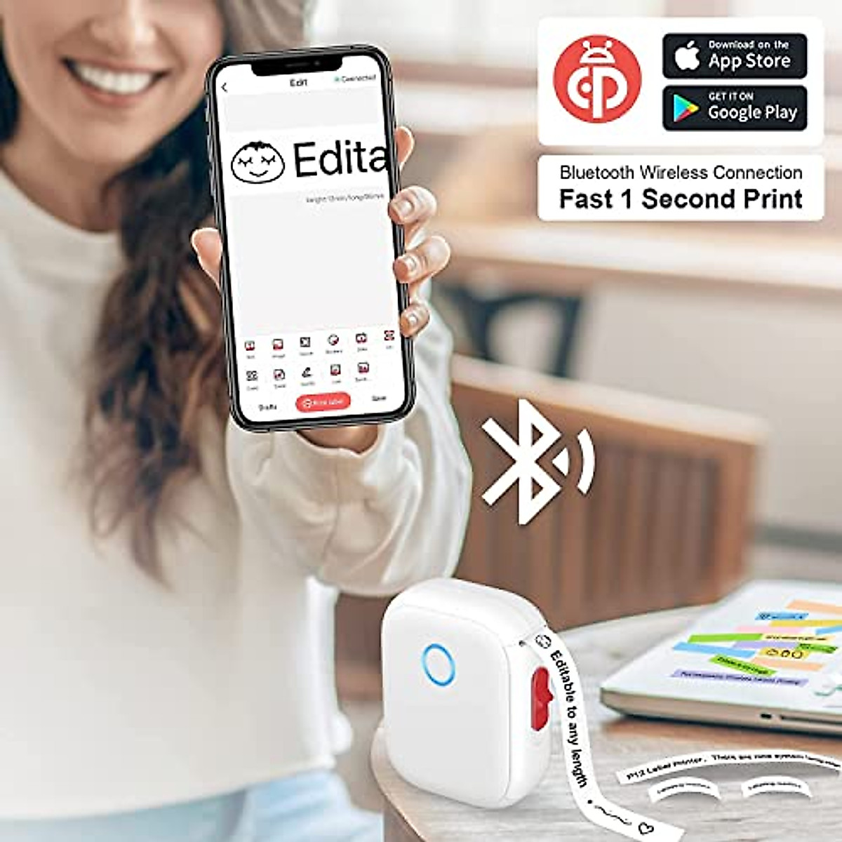 Label Maker-Portable Mini Sticker Marker Machine with Tape-Marklife P12 Bluetooth Embossing Labeler Printer for Labeling for Labelmaker Labeller Organization Lable Print (White)