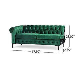 Christopher Knight Home Frieda Velvet 3 Seater Sectional Sofa with Chaise Lounge, Emerald, Black