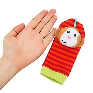 asUwish 4Pcs Baby Soft Rattle，Cute Soft Baby Socks Toys，Wrist Chew Toy，Baby Socks Toys Wrist Rattle and Foot Finder for Newborn Boy or Girl (Monkey and Panda)