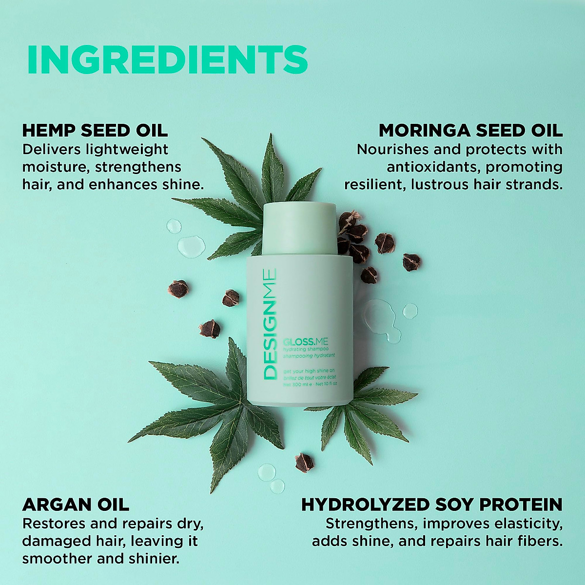 GLOSS.ME Hydrating Shampoo by DESIGNME | Hemp & Argan Oil Shampoo Adds Softness & Shine | Straight, Wavy, or Curly Hair Shampoo | Sulfate-Free & Color-Safe Moisturizing Shampoo for Dry Hair, 10 Fl Oz