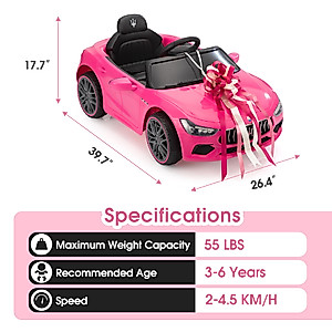 TOBBI Kids Ride on Car, 12V Licensed Maserati Ghibli, Electric Car for Boy Girl with Remote Control, 3 Speeds, Music, Bright Lights, MP3, USB, Electric Vehicle for Kids Ages 3-6 Years, Pink