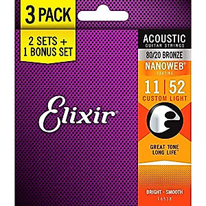 Elixir Strings, Acoustic Guitar Strings, 80/20 Bronze with NANOWEB Coating, Longest-Lasting Bright and Focused Tone with Comfortable Feel, 6 String Set, 3 Pack, Custom Light 11-52
